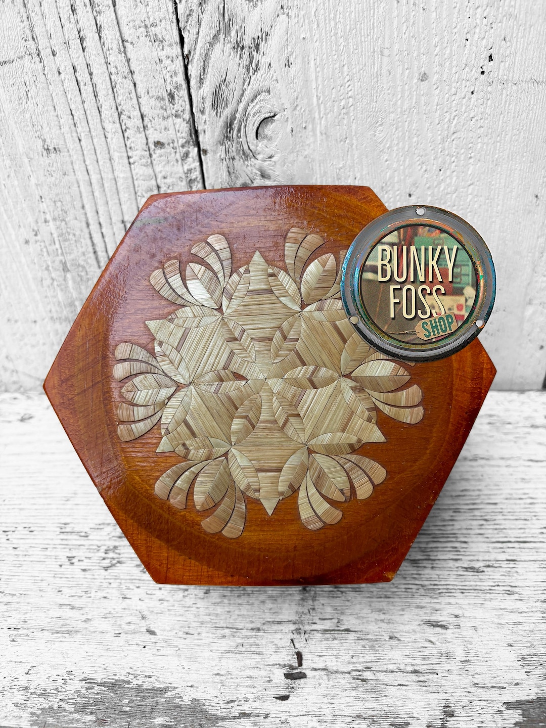 Vintage Wooden & Straw Inlaid Hexagon Box, Wooden Box, Trinket Box ...