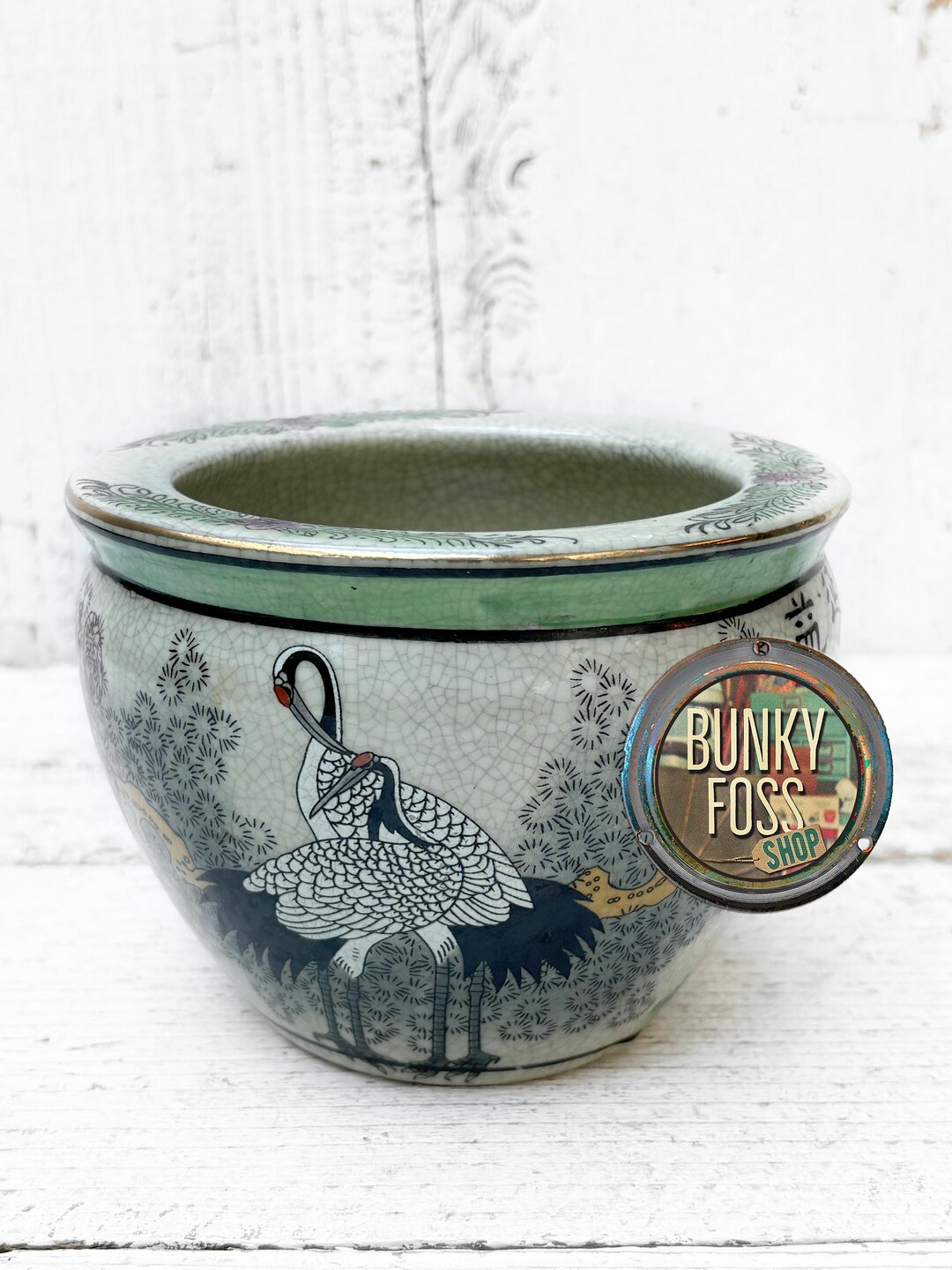 Vintage Chinese Cranes Chinoiserie Crackle Glaze Jardinière Planter Pot ...