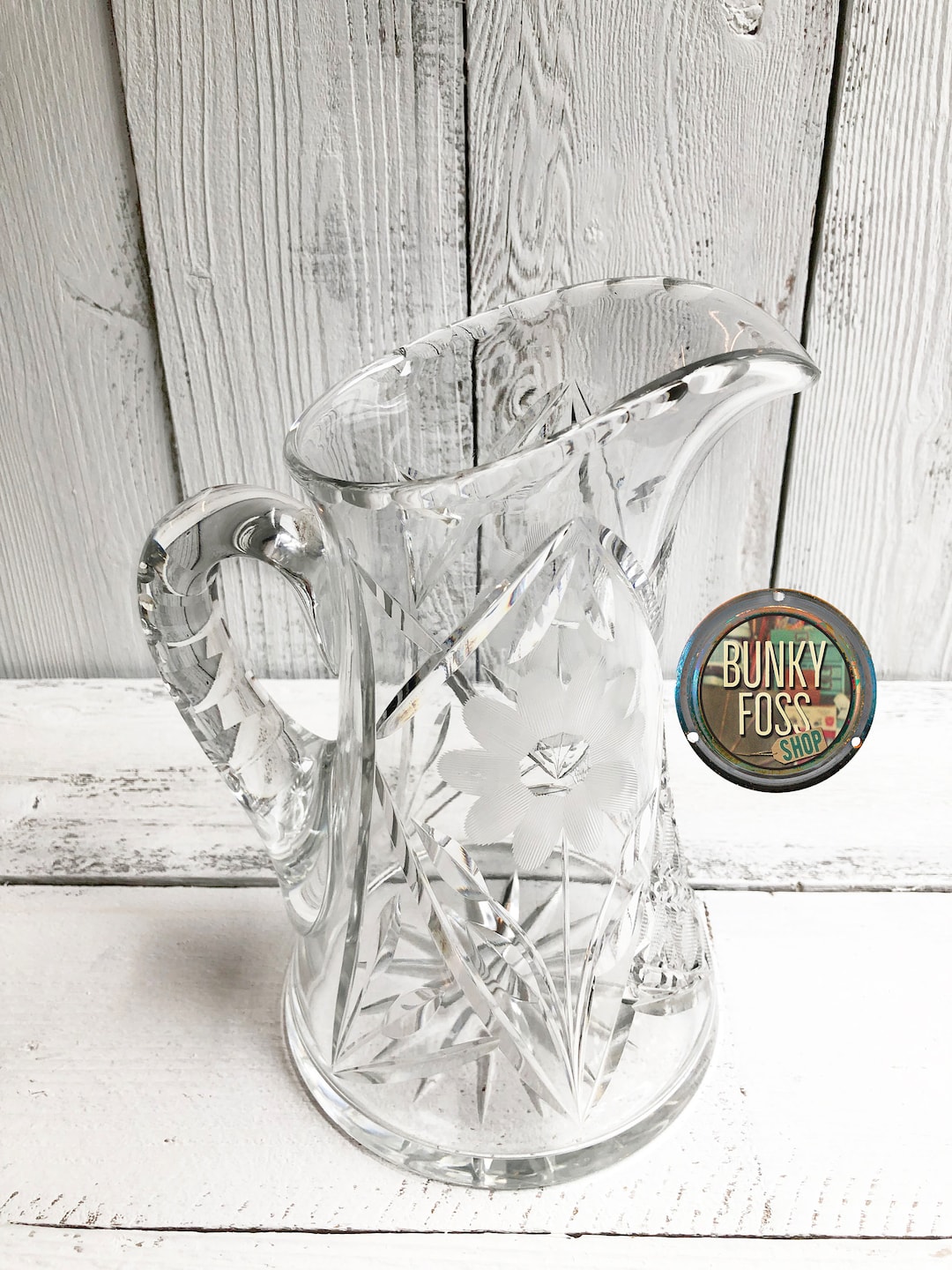Antique American Brilliant Cut Crystal Pitcher, Floral Etched Glass ...