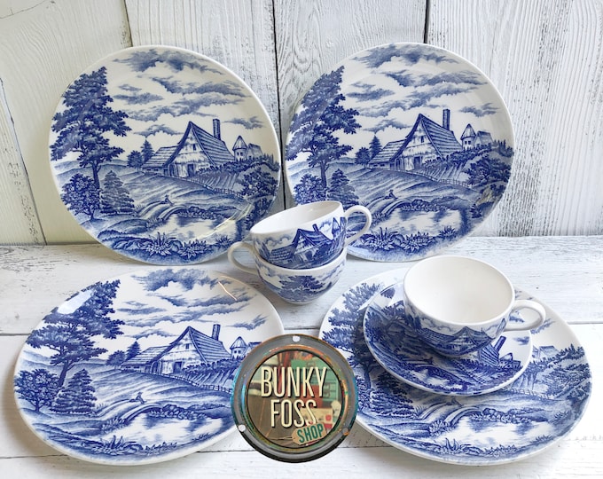 Antique Blue & White Japanese Transferware Set, Farm Scene Transferware ...