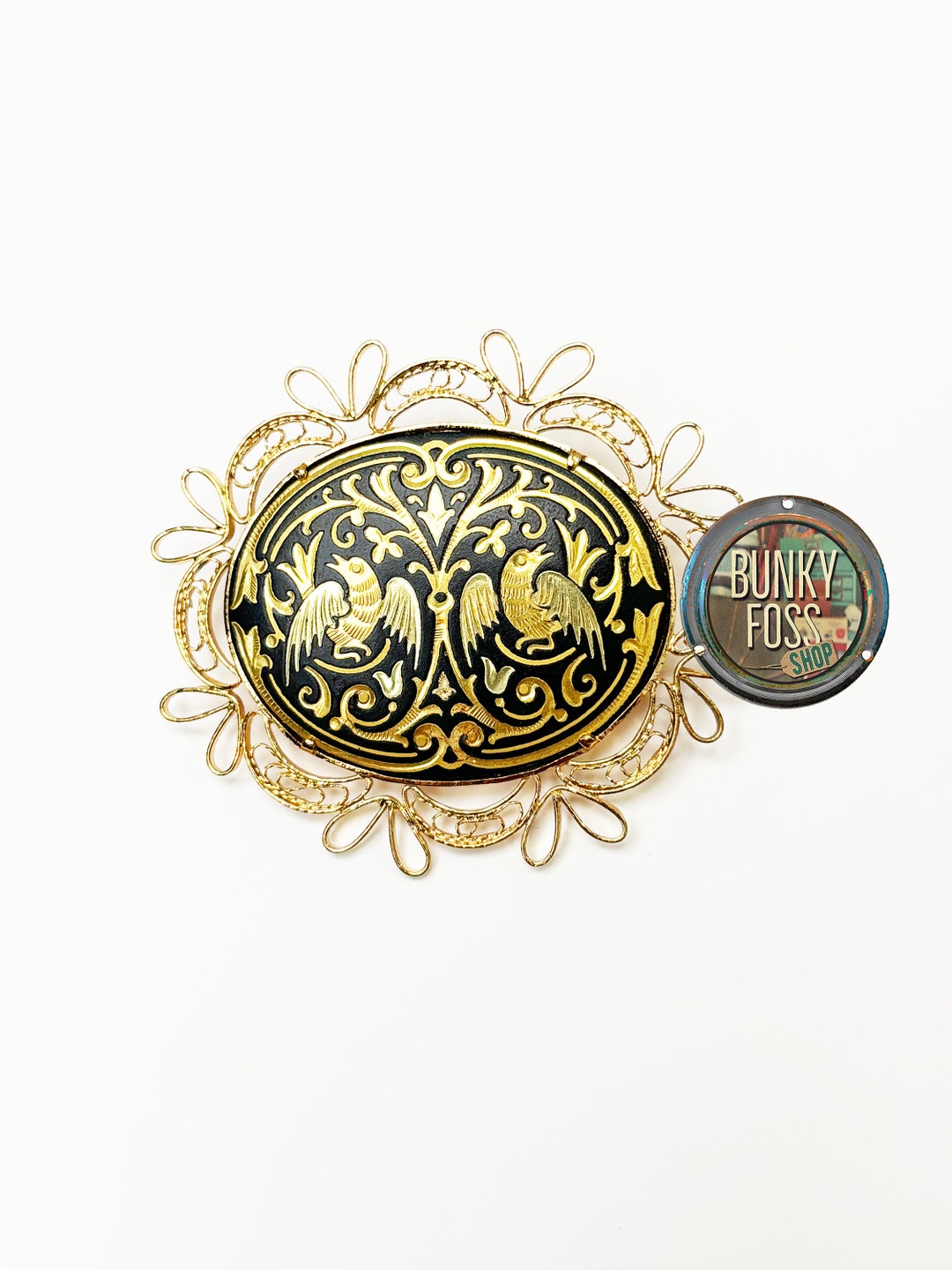 Vintage Spanish Damascus 24K Gold Metal Inlay Birds and Flowers Brooch ...
