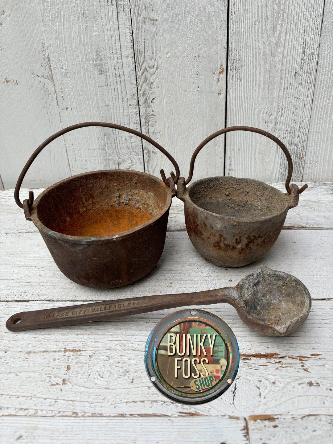 Antique Primitive Cast Iron Smelting Pots and Ladle Set, Cast Iron Pots ...