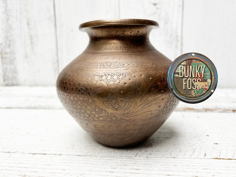 Antique Solid Brass Holy Water Pot With Etched Peacocks, Brass Holy ...