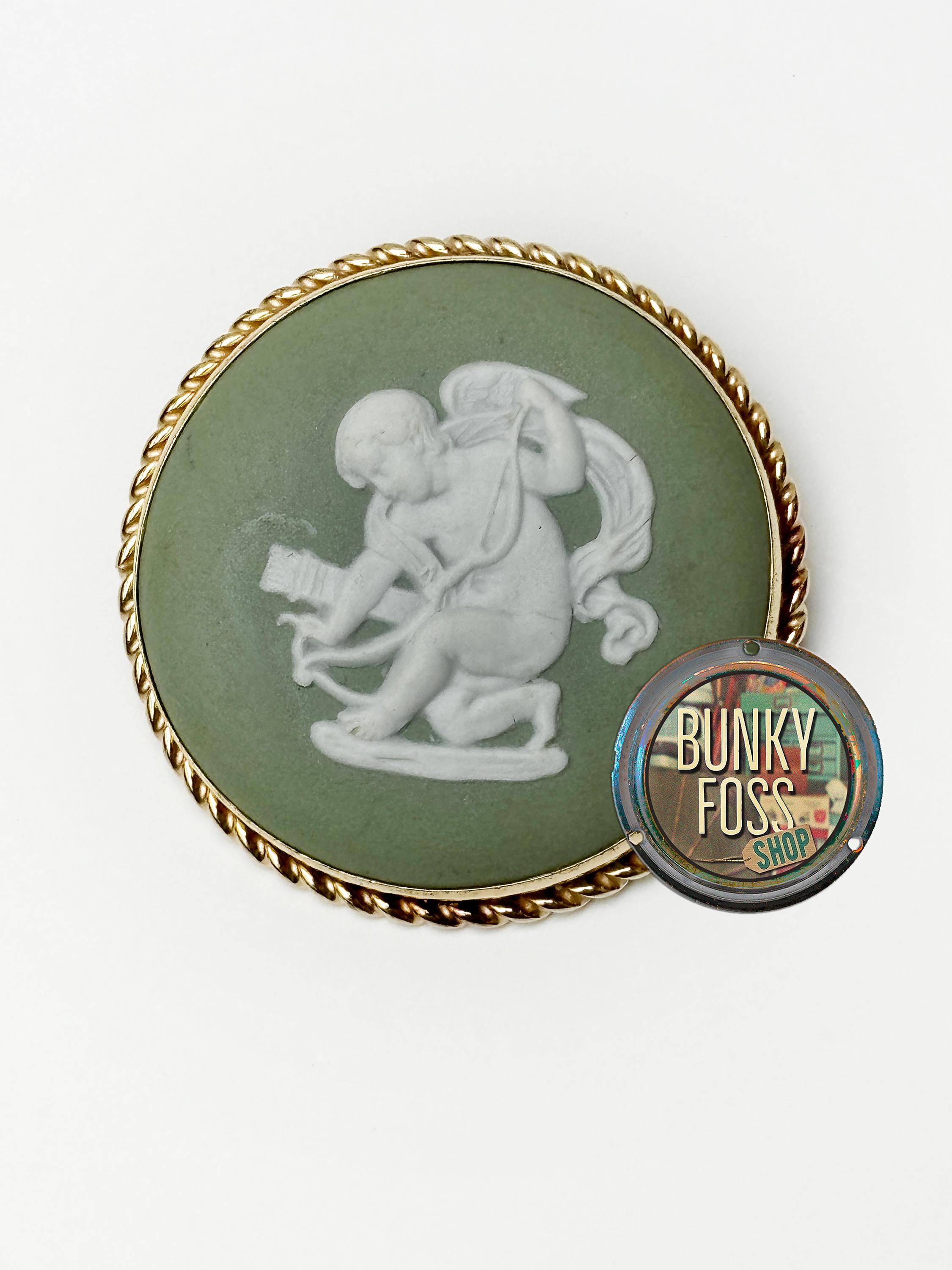 BunkyFoss Vintage Wedgwood Cameo Cupid Brooch Pendant Pendant Brooch Wedgwood England Cupid Cameo Brooch Cupid Cameo Pendant Wedgwood Green 1970 s