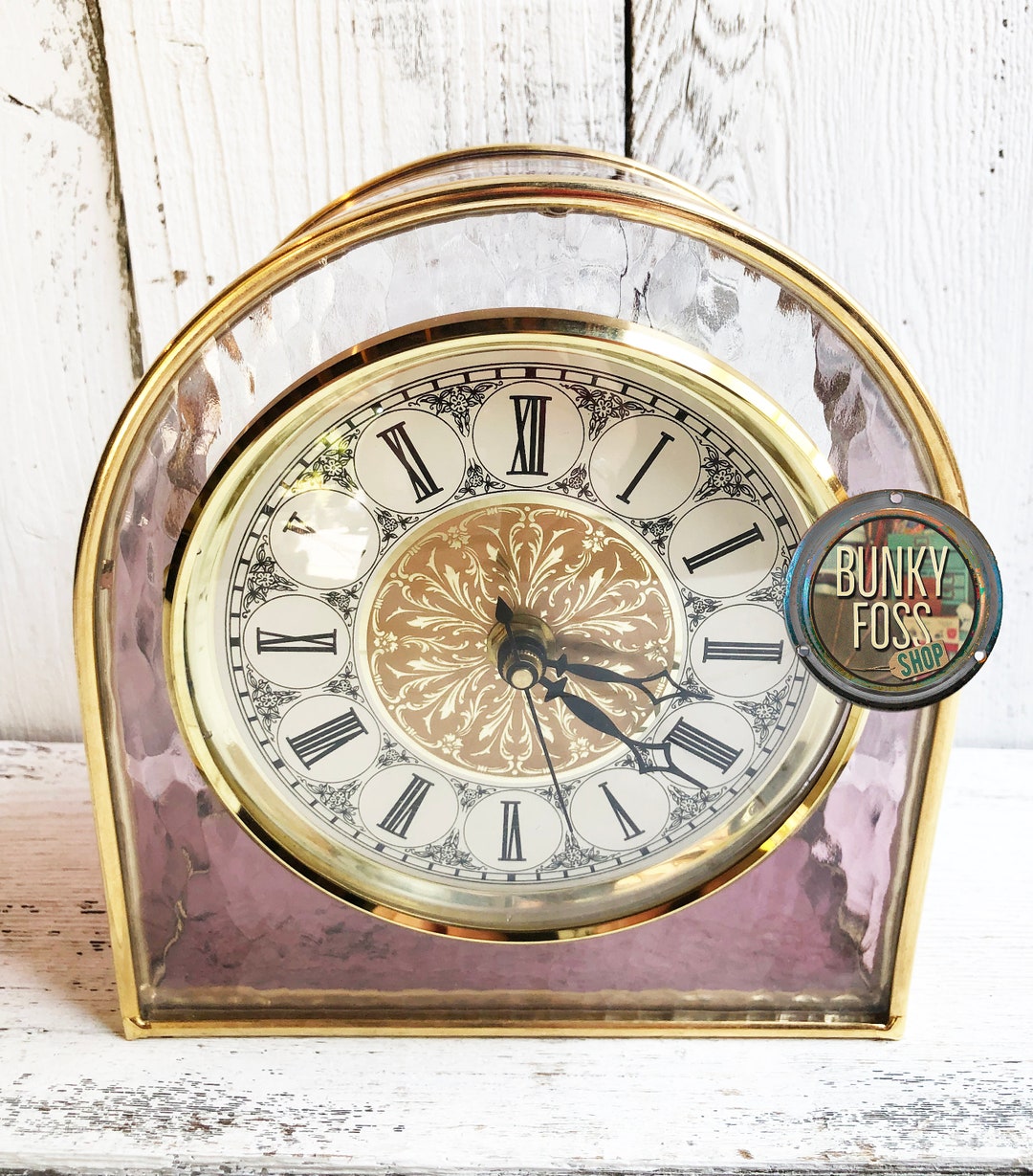 RARE Vintage Textured Rose Glass & Brass Mantle Clock, Rose Glass ...