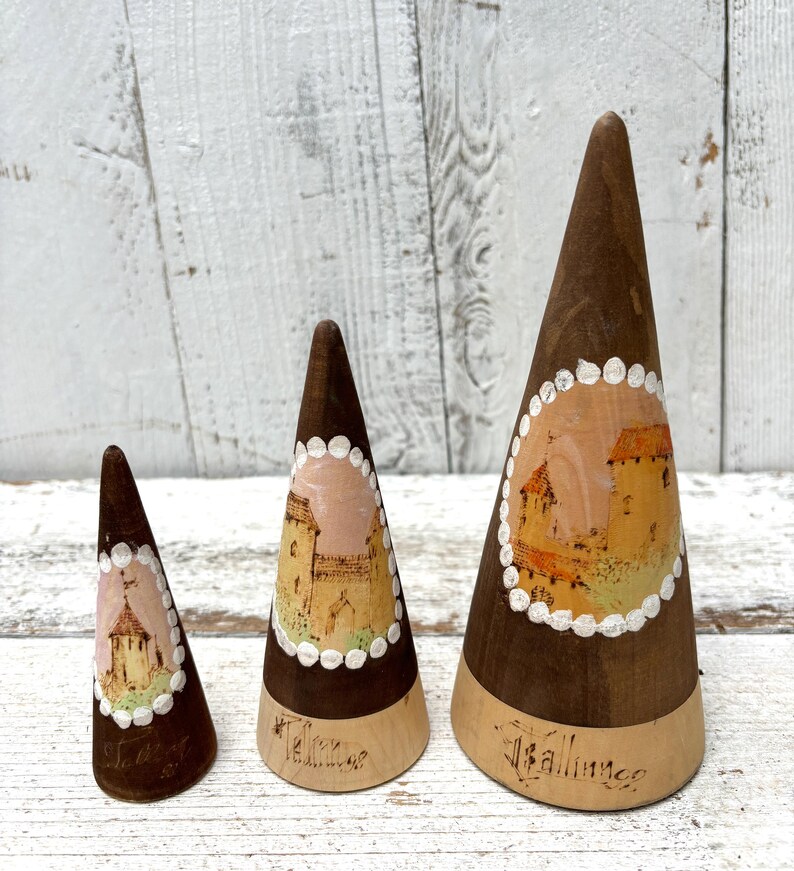 Vintage Pyography Wooden Nesting Cones, Hand Painted Souvenirs - Etsy