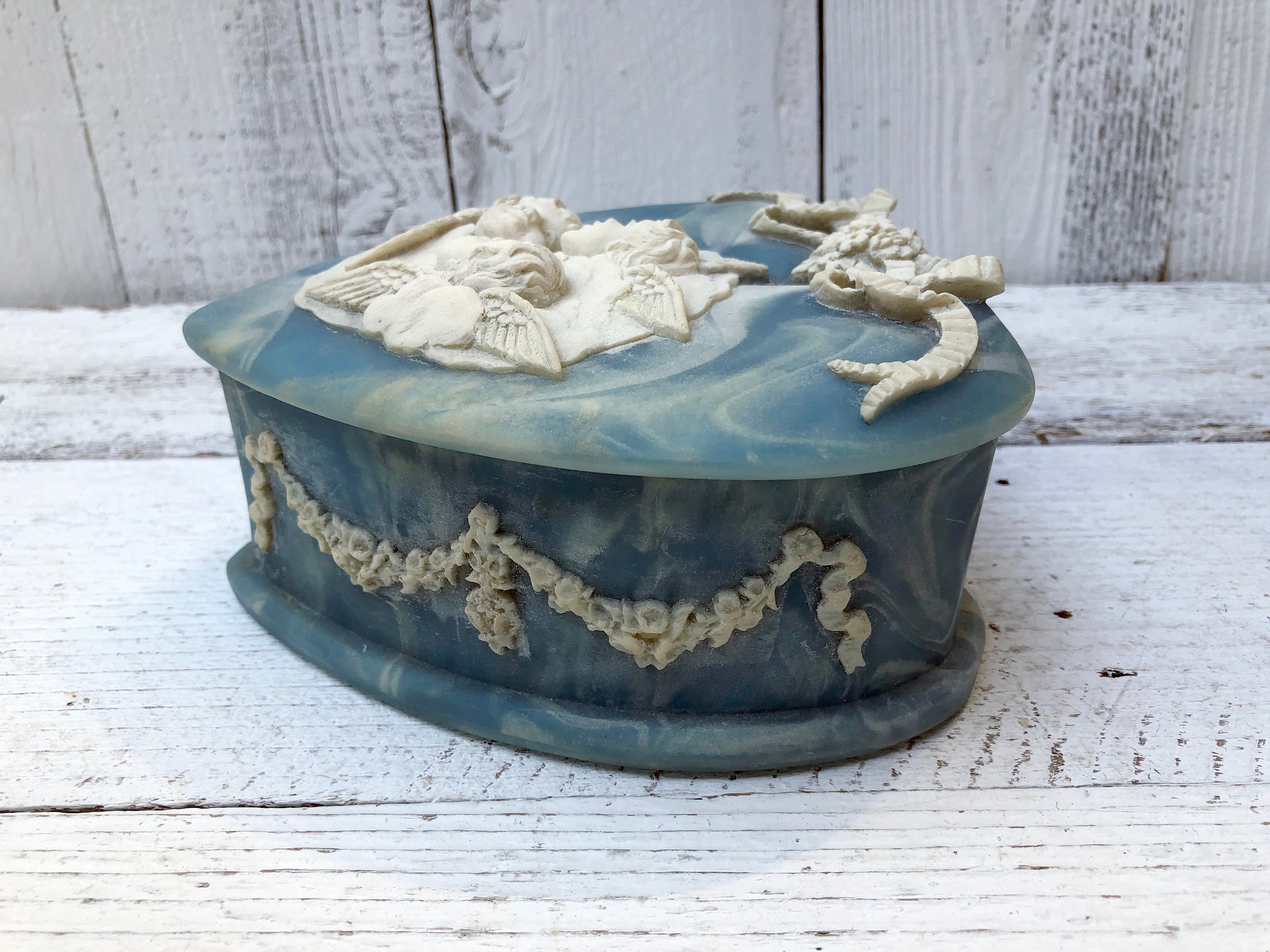 Vintage Genuine Incolay Stone Angel Heart Box, Incolay Stone, USA ...
