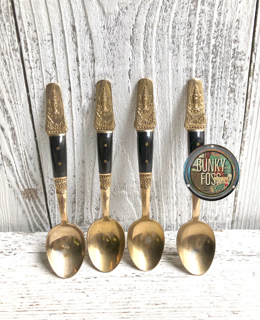 Vintage Thailand Siam Brass and Black Buddha Motif Demitasse Spoons, Siam Brass Spoons, Siam ...