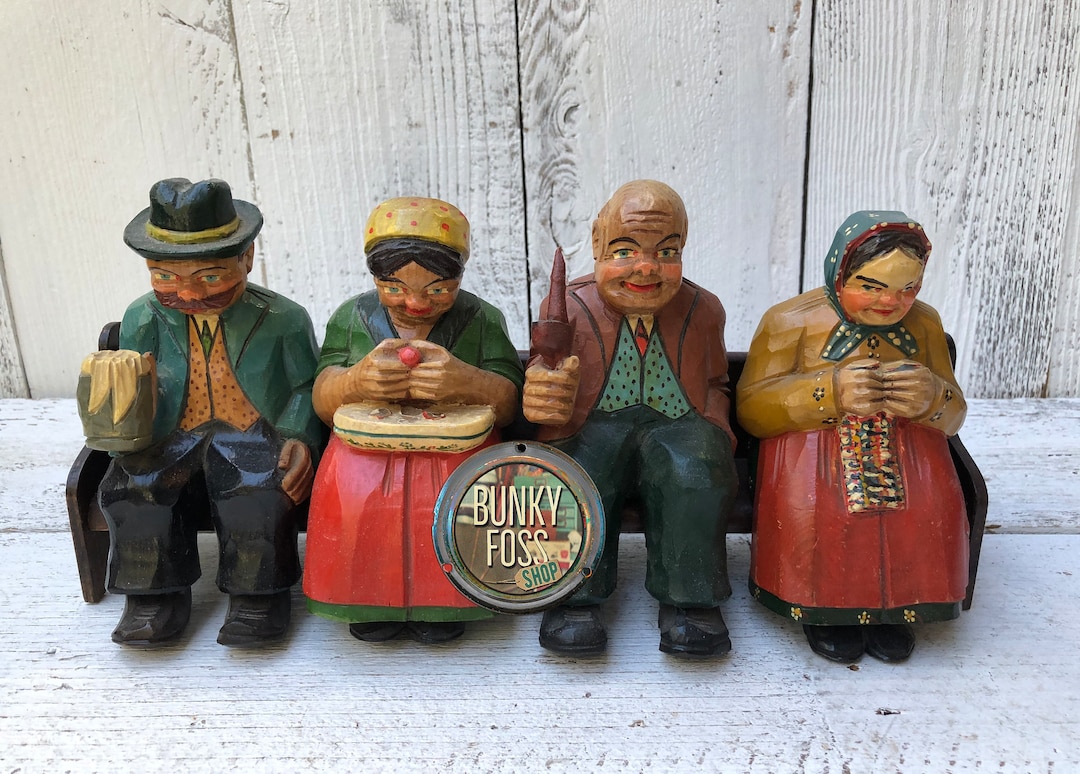 RARE! Vintage Austrian Folk Art Hand Carved Couples Seated on Bench ...
