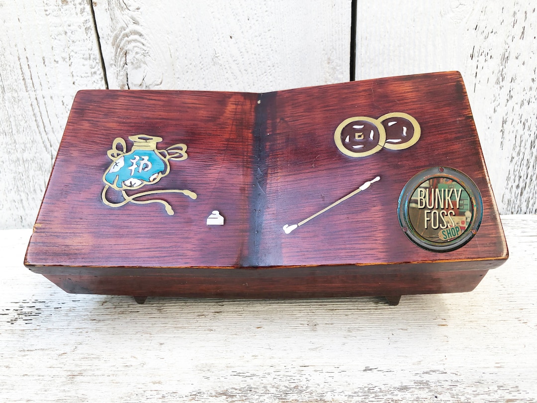Rare Vintage Asian Wood Brass & Enamel Smoking Box,cigarette Box ...