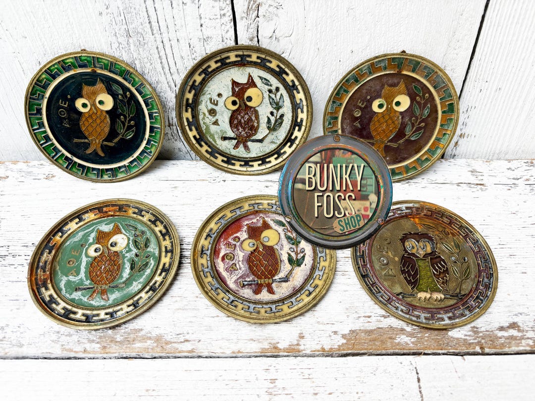 Vintage Greek AOE Owls Enamel & Brass Wall Plate Set, Hanging Greek ...