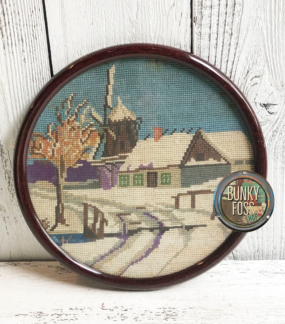 Vintage Windmill Needlepoint in Round Glass Frame, Vintage Needlepoint ...
