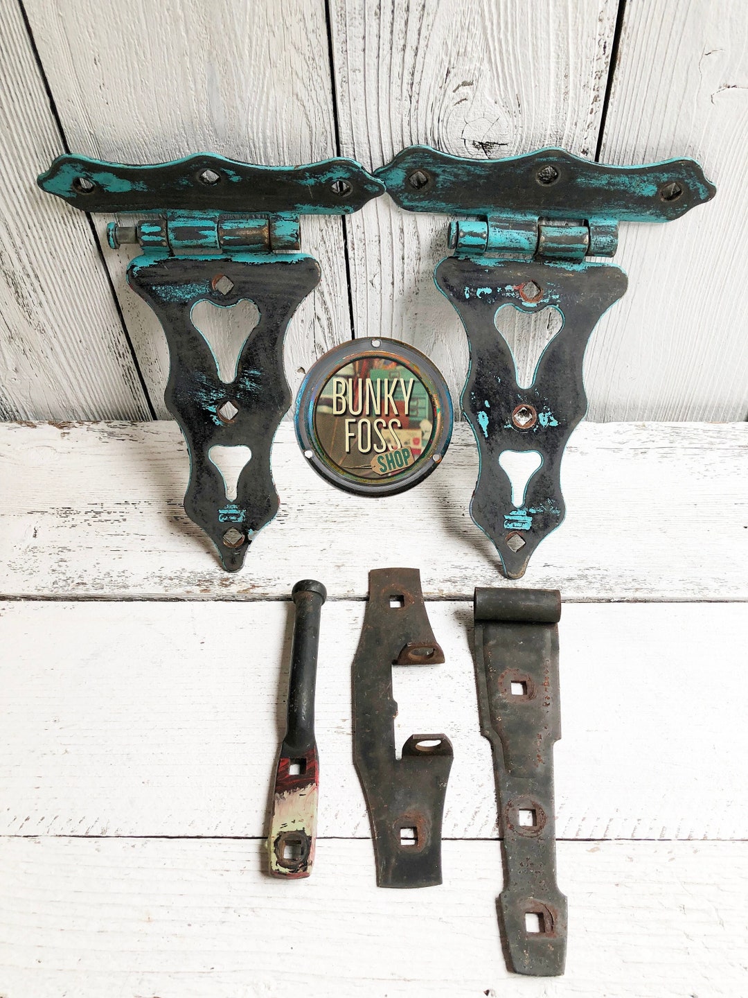 Vintage Painted Iron Gate Hinges & Latch Set, Funky Junk, Gate Hinges ...