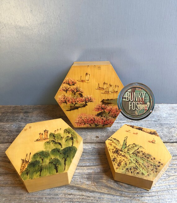 Antique Chinese Pyrography Bamboo Nesting Boxes, Vint… - Gem