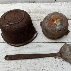 Antique Primitive Cast Iron Smelting Pots and Ladle Set, Cast Iron Pots ...