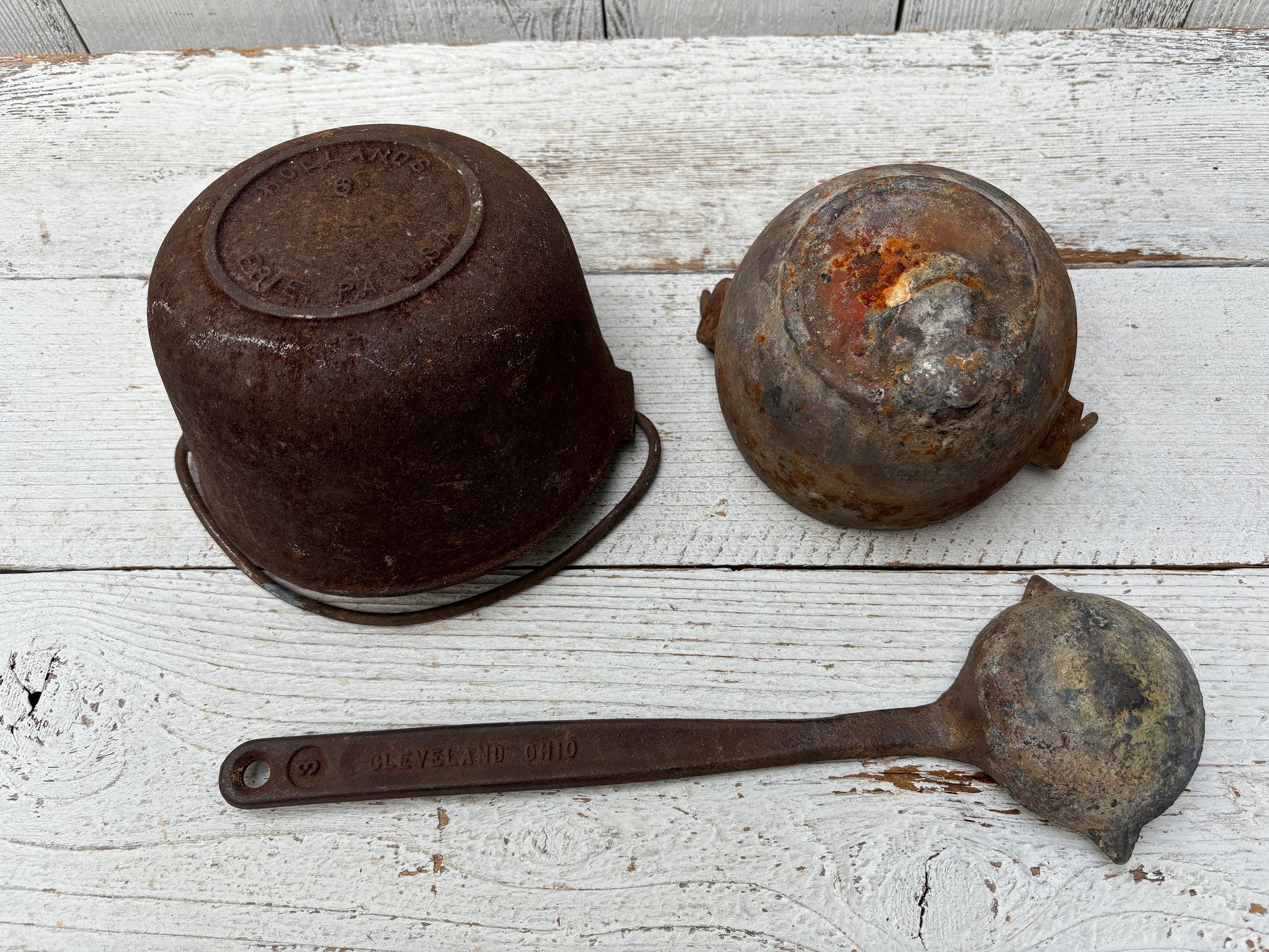 Antique Primitive Cast Iron Smelting Pots and Ladle Set, Cast Iron Pots ...