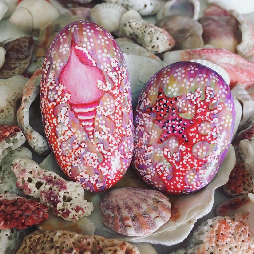 Set of 2 Hand Painted Beach Stones, Miniature Painting, Original ...