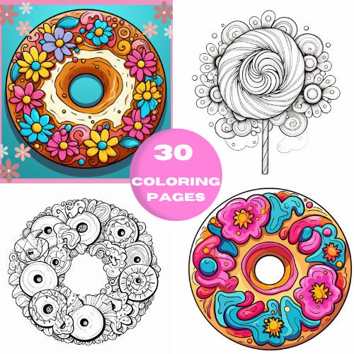 30 Candy Coloring Pages, Donut Coloring Book for Adults and Kids ...