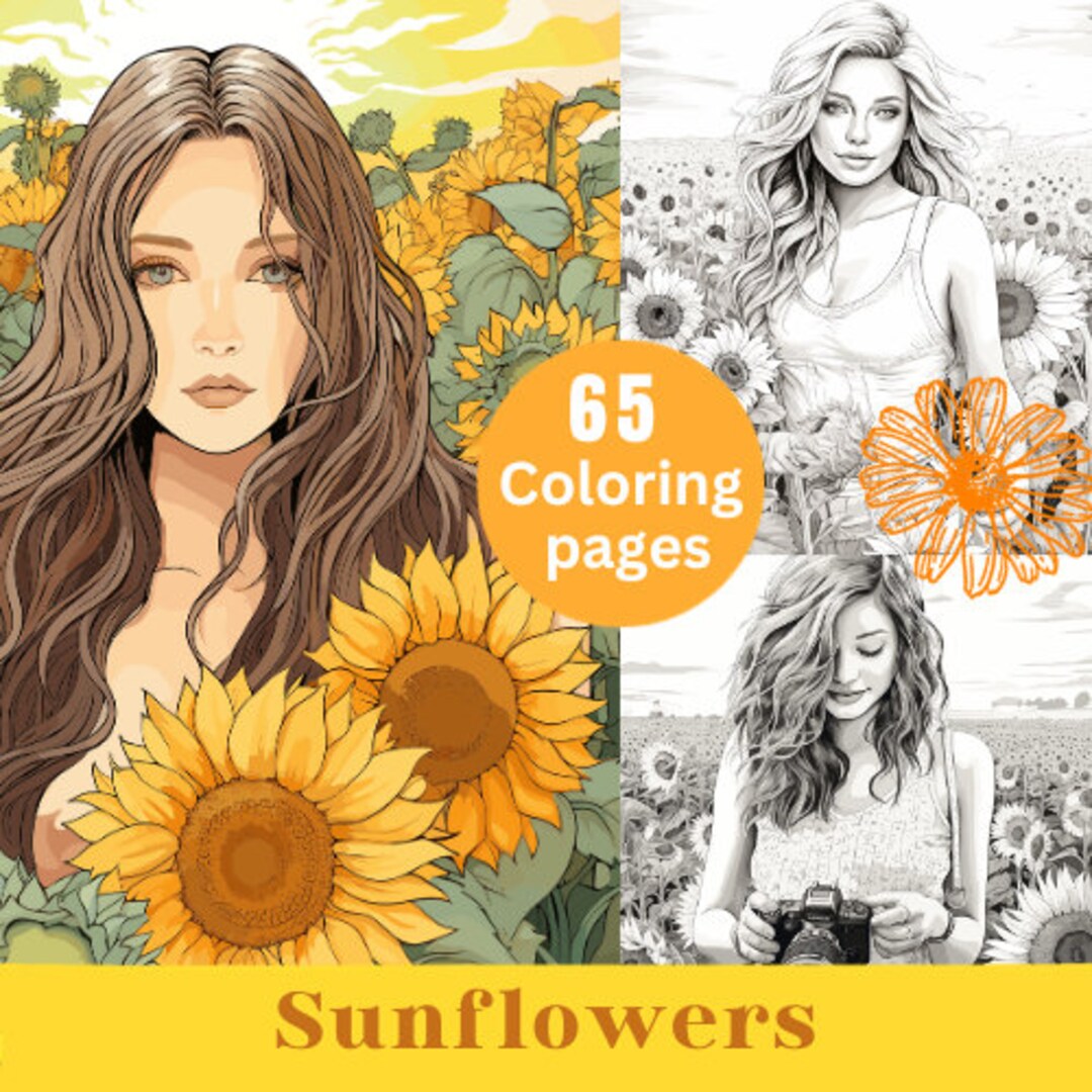 65 Sunflower Girl Coloring Book Adult Coloring Autumn - Etsy