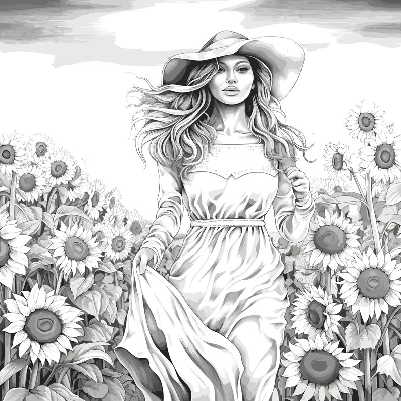 65 Sunflower Girl Coloring Book Adult Coloring Autumn - Etsy