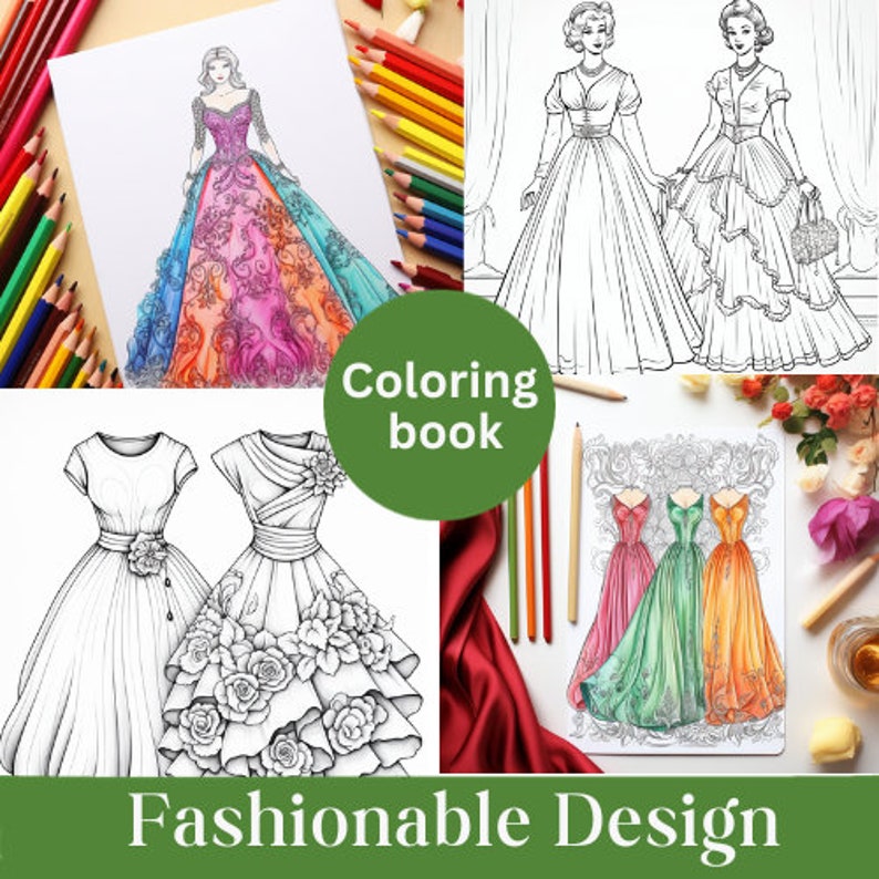 33 Fashionable Dresses Coloring Book for Adults for Women, Old Style ...