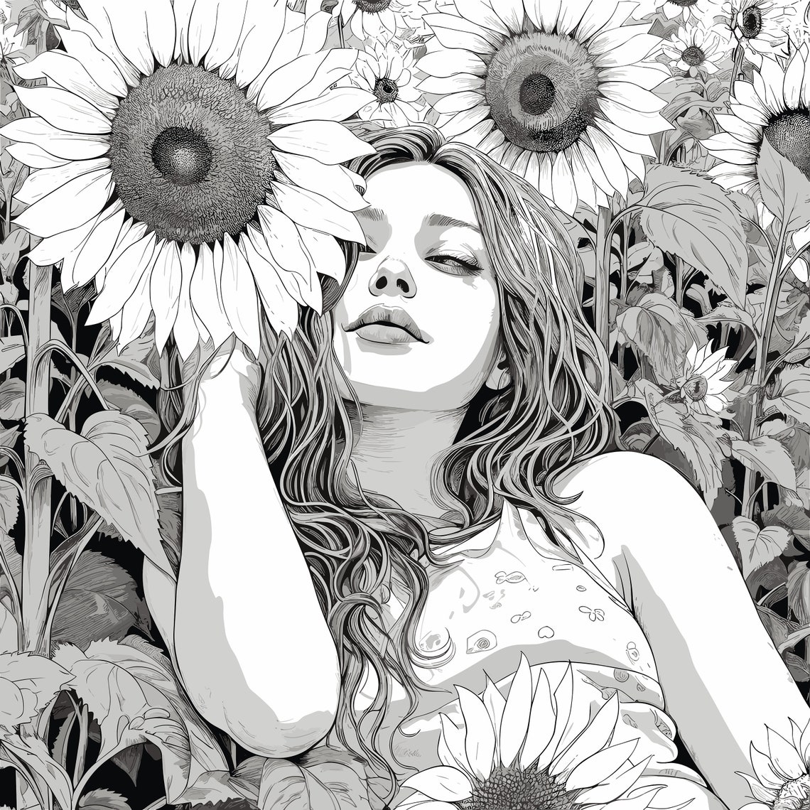 65 Sunflower Girl Coloring Book Adult Coloring Autumn - Etsy