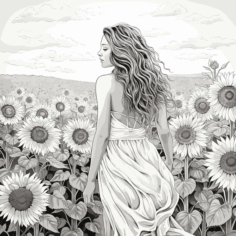 65 Sunflower Girl Coloring Book, Adult Coloring, Autumn Coloring ...