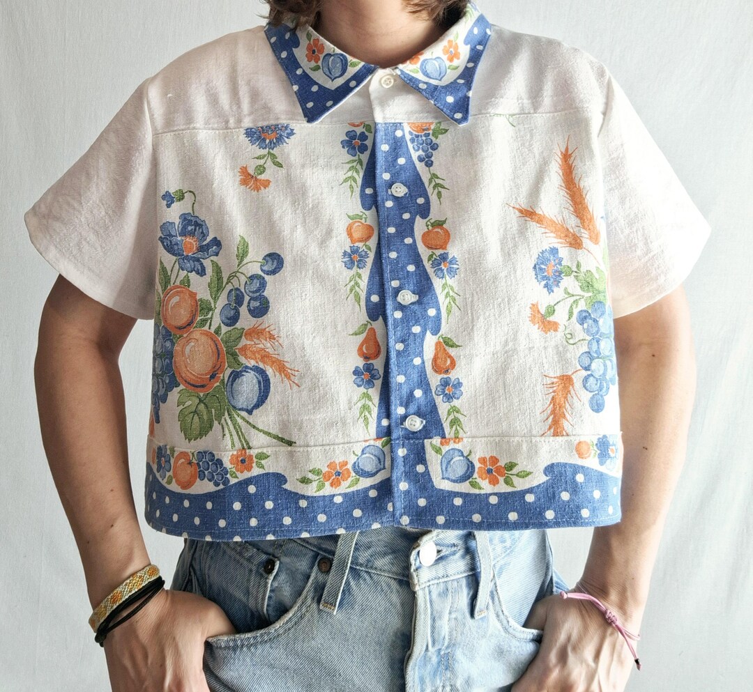 Upcycled BUTTON UP SHIRT Made With Vintage Tea Towel and Floursack ...