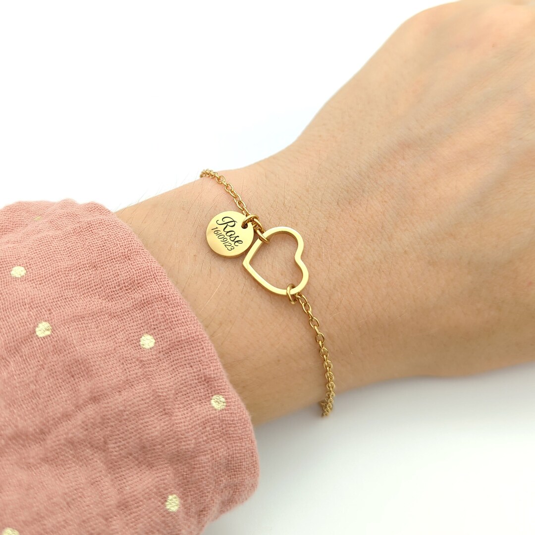 Bracelet personnalisé Cœur et médaille gravée, Bijou personnalisé ...