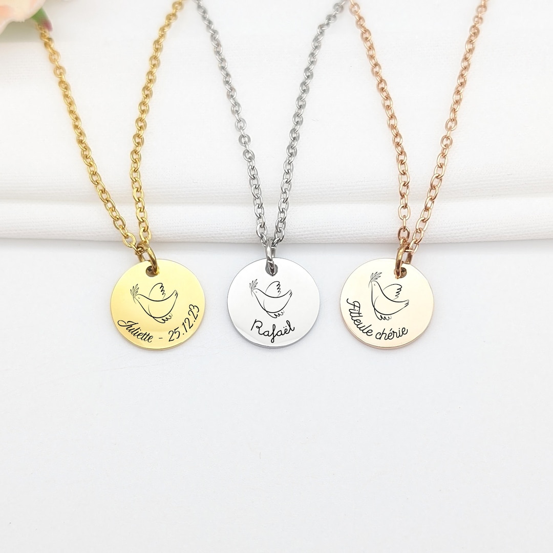 Collier personnalisé enfant avec médaille gravée colombe, Collier ...
