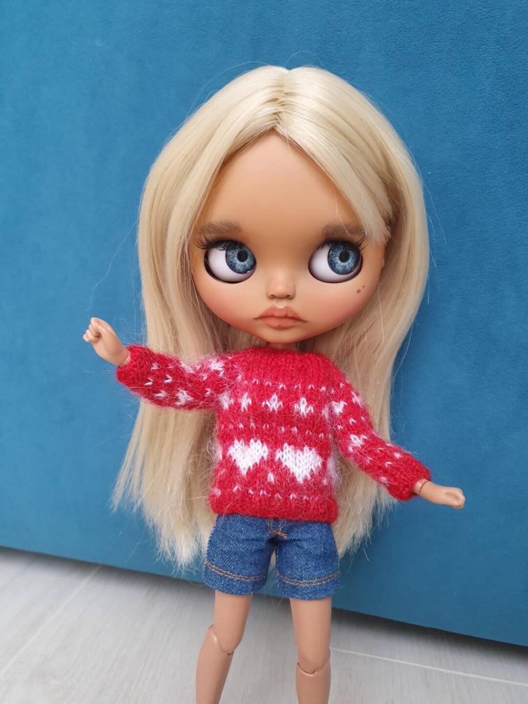 Blythe Winter Sweater With Heart Pattern in Dark Red and White Colors ...