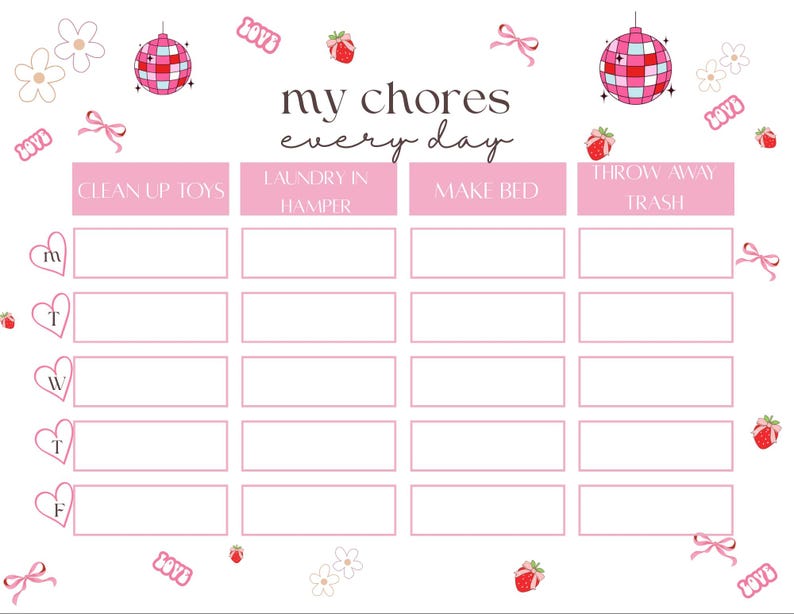 Girly Chore Chart Printable | Pink Kids Task Chart Template - Etsy