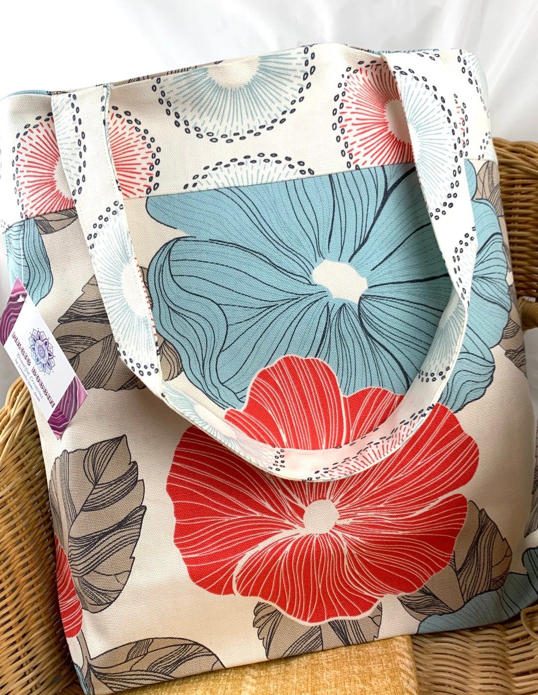 Large Handmade Red & Blue Flower Tote Bag With Reversible Feature - Etsy