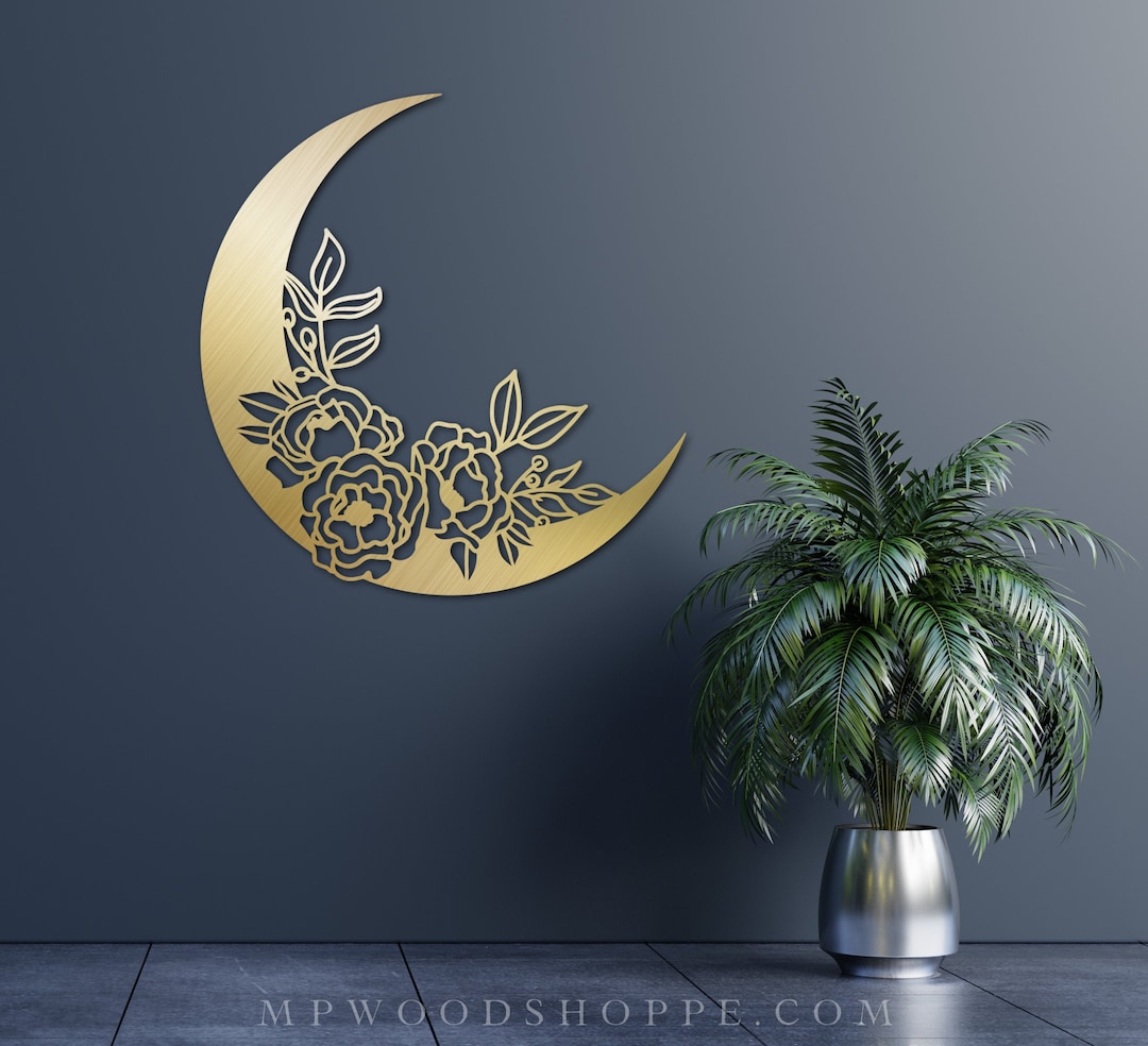 Crescent Moon Wall Decor, Floral Crescent Moon, Wood Moon Wall Decor ...