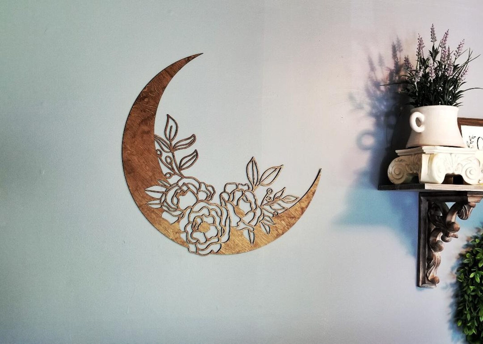 Crescent Moon Wall Decor, Floral Crescent Moon, Wood Moon Wall Decor ...