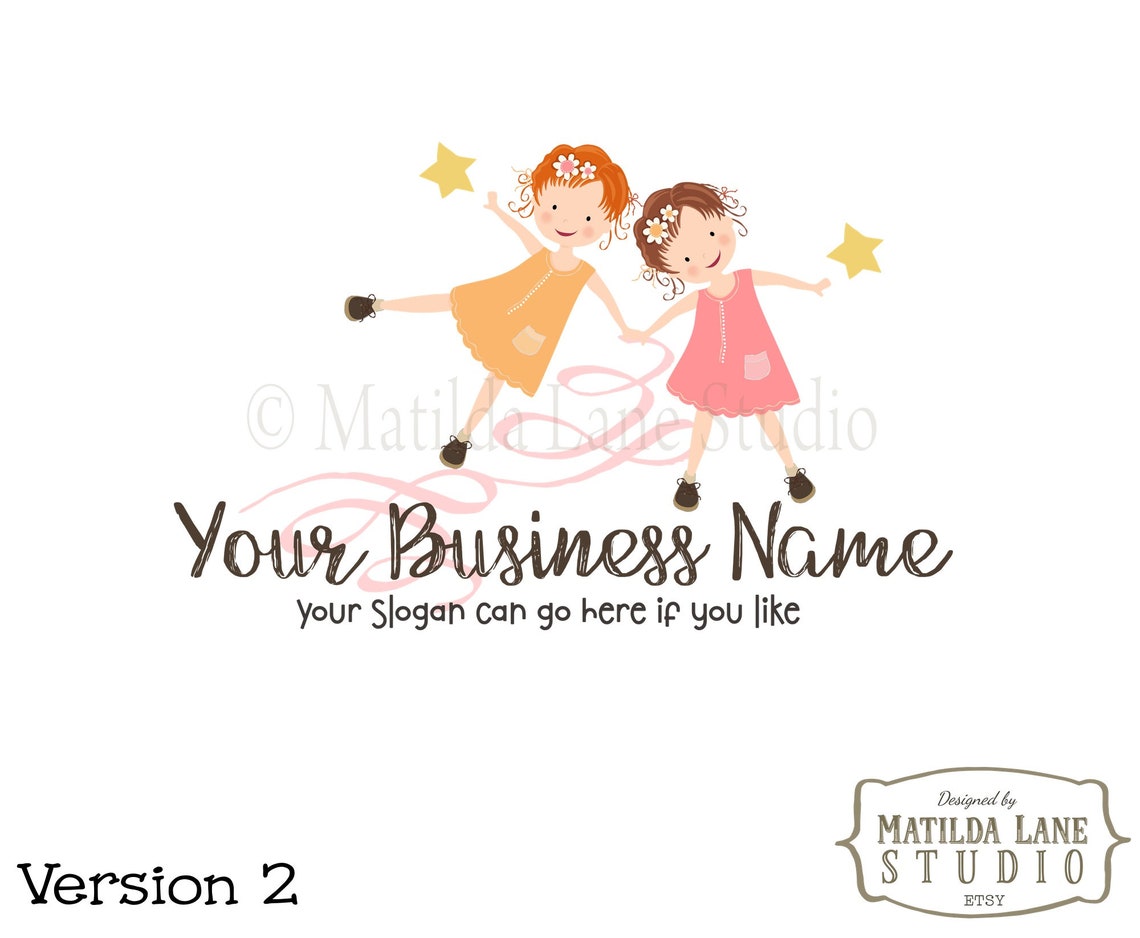 Two Girls Logo, Girl Logo, Whimsical Logo, Children's Logo, Hand Drawn ...