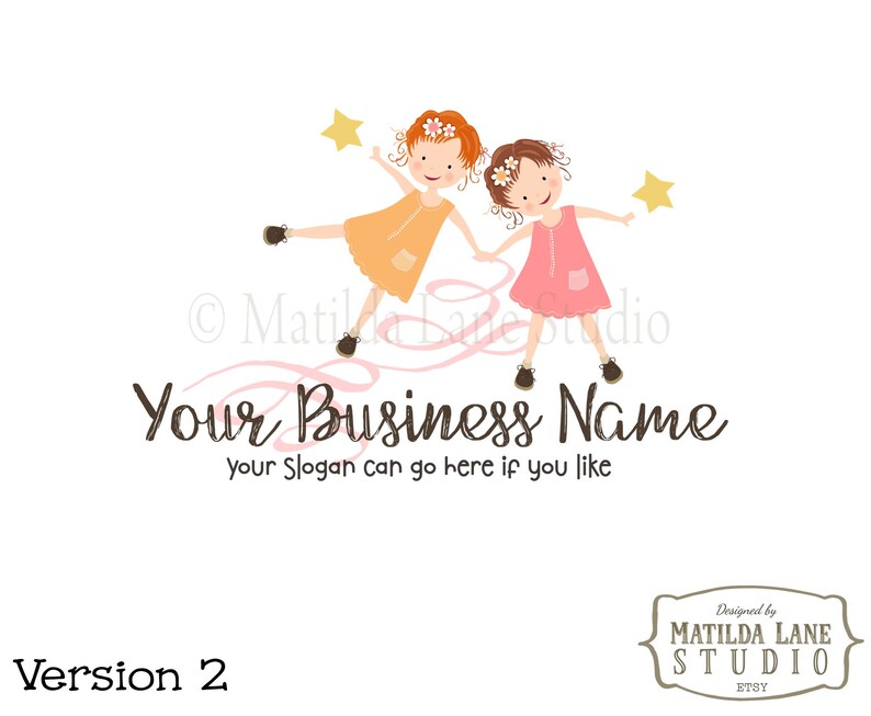 Two Girls Logo, Girl Logo, Whimsical Logo, Children's Logo, Hand Drawn ...
