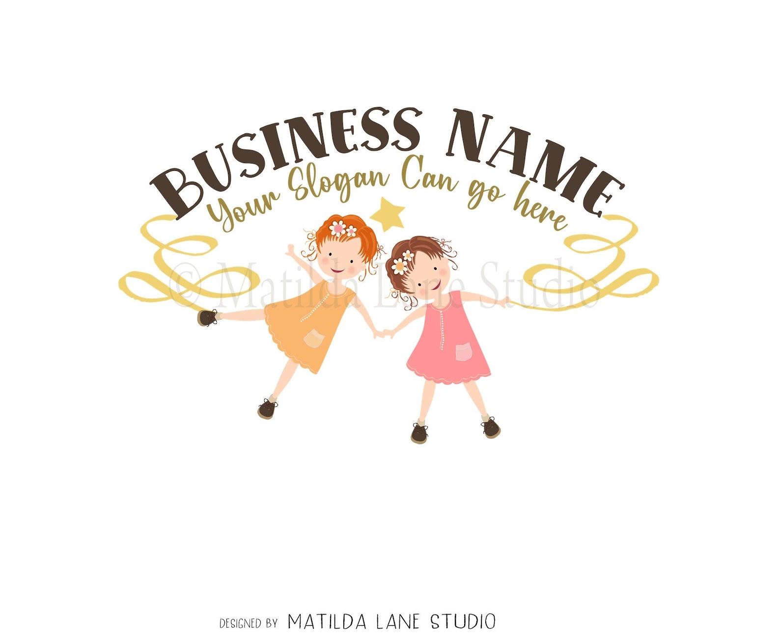 Two Girls Logo, Girl Logo, Whimsical Logo, Children's Logo, Hand Drawn ...