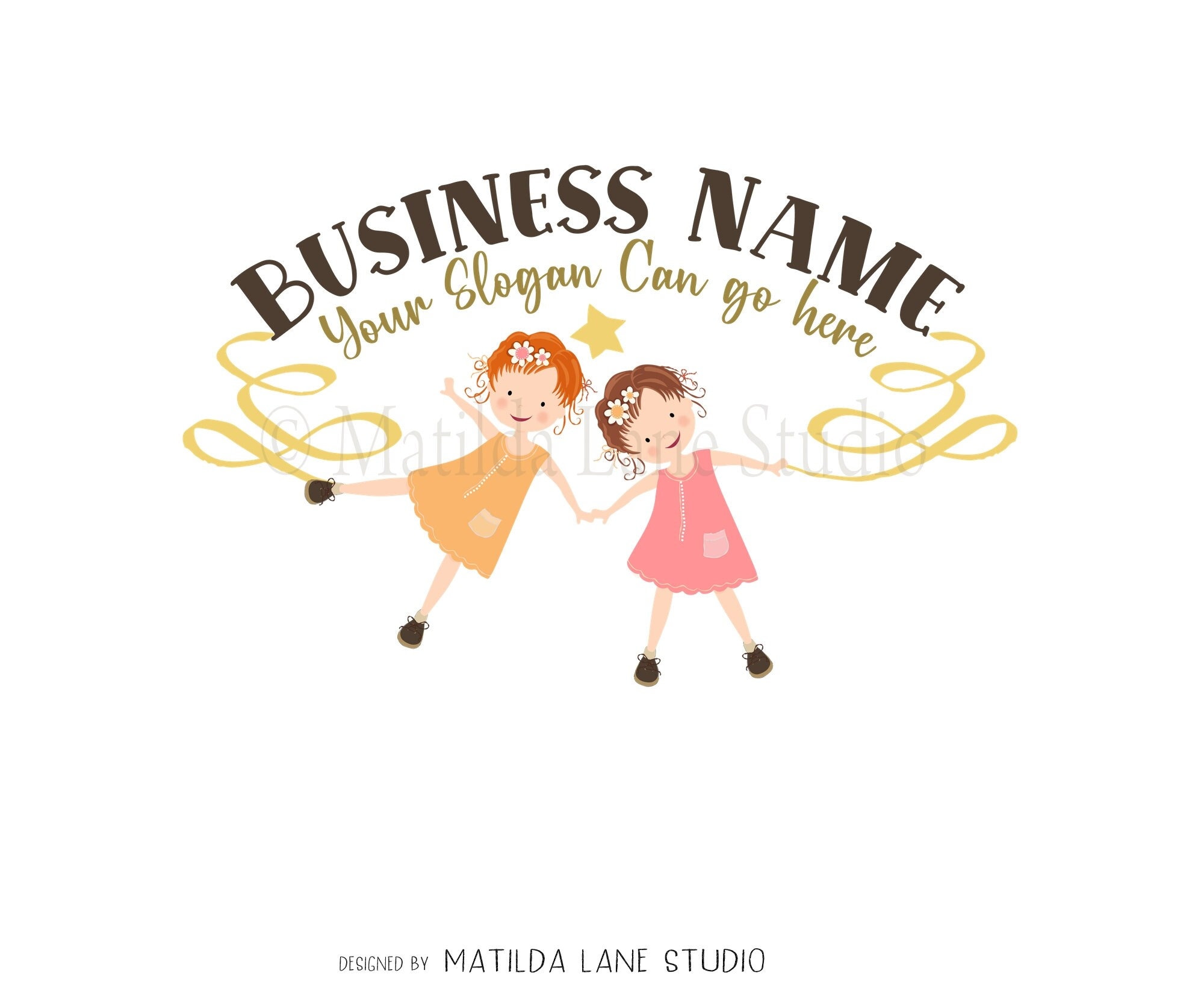 Two Girls Logo, Girl Logo, Whimsical Logo, Children's Logo, Hand Drawn ...