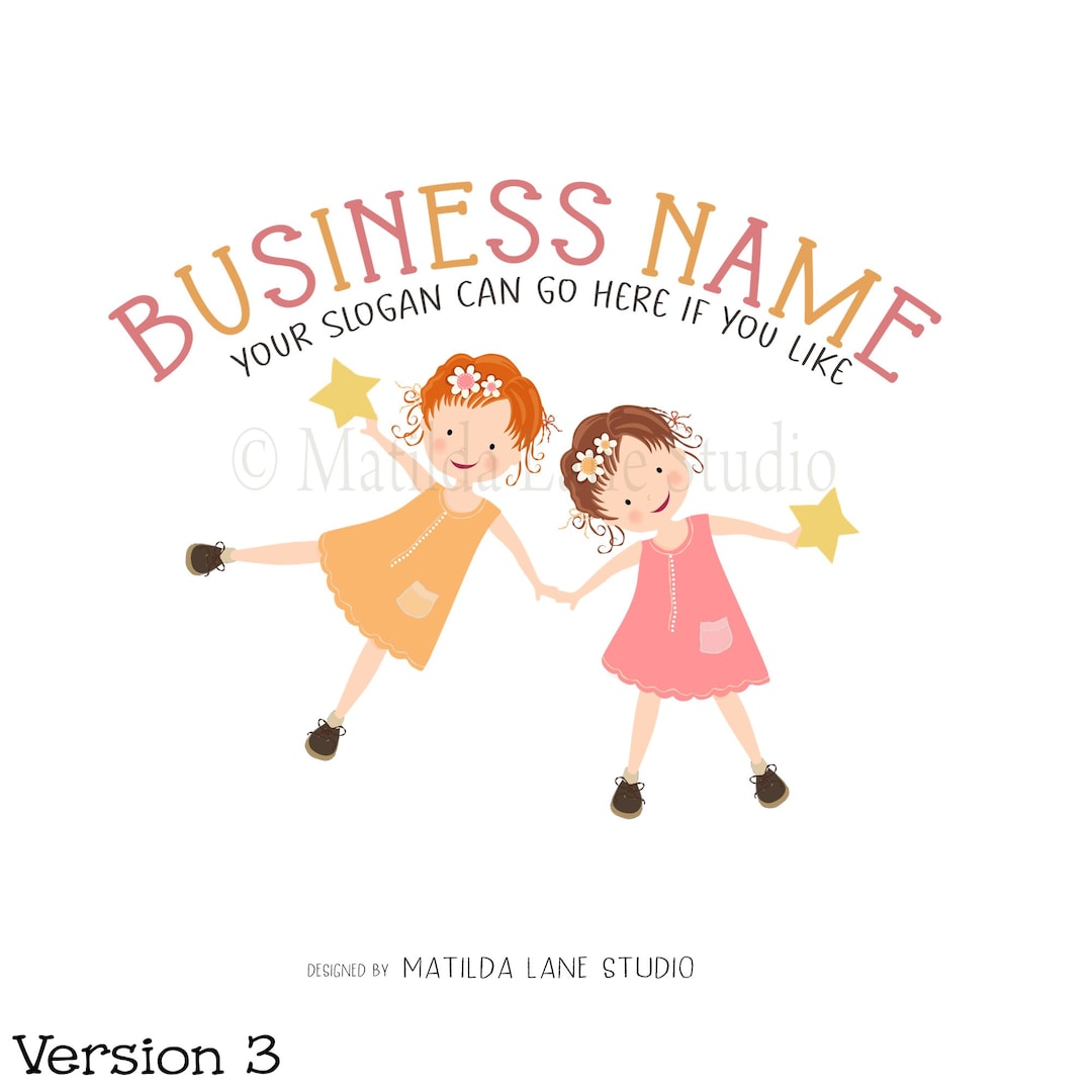 Two Girls Logo, Girl Logo, Whimsical Logo, Children's Logo, Hand Drawn ...