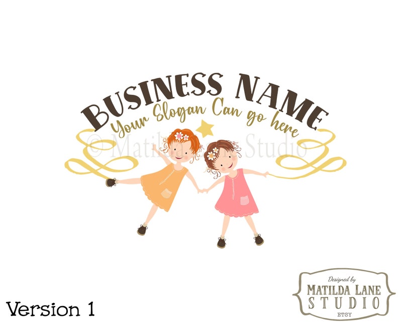 Two Girls Logo, Girl Logo, Whimsical Logo, Children's Logo, Hand Drawn ...