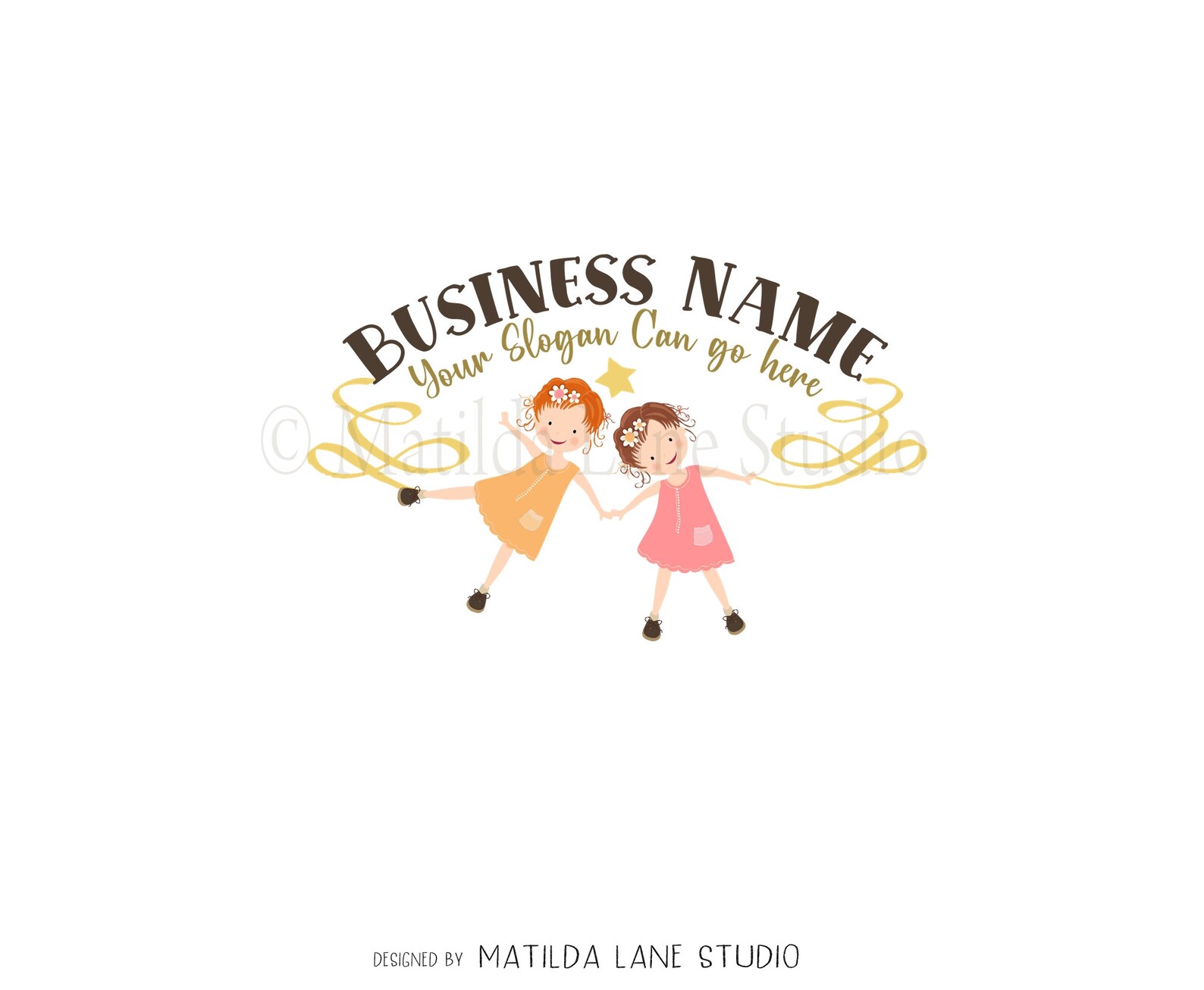 Two Girls Logo, Girl Logo, Whimsical Logo, Children's Logo, Hand Drawn ...