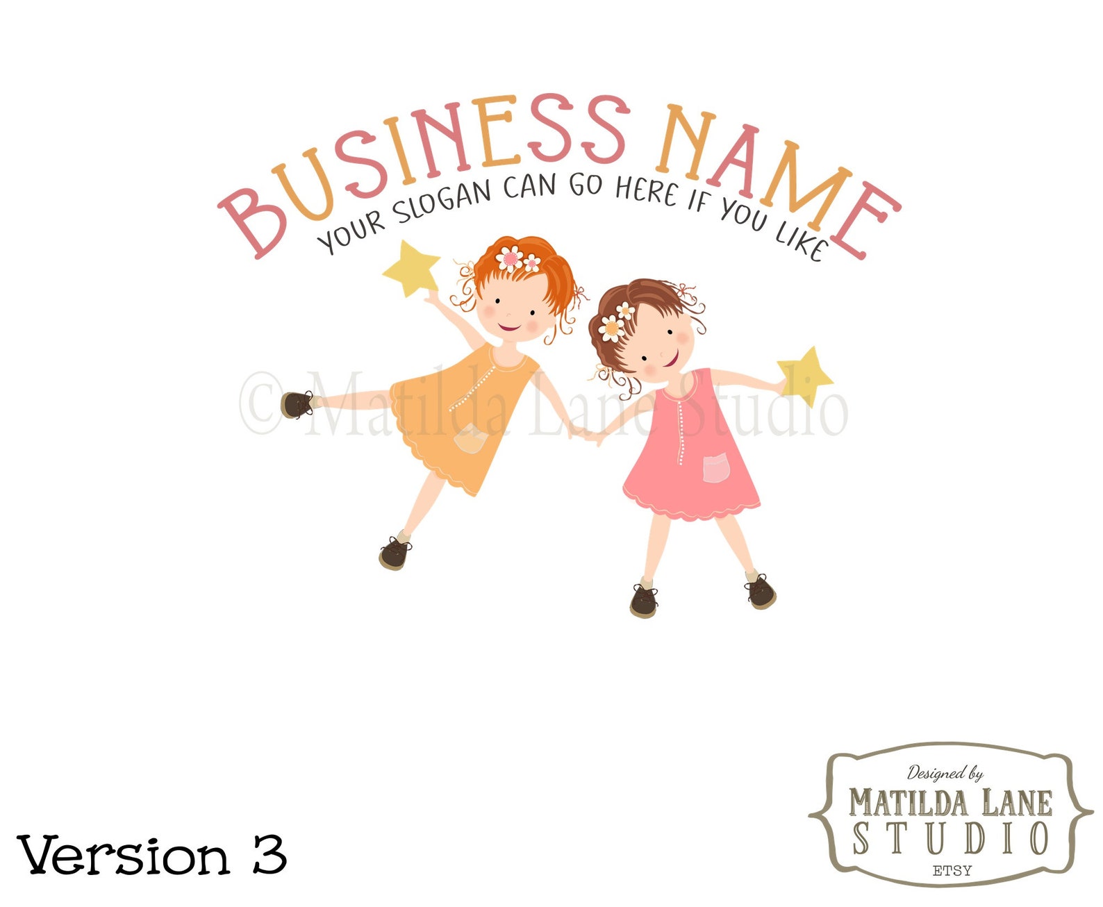Two Girls Logo, Girl Logo, Whimsical Logo, Children's Logo, Hand Drawn ...