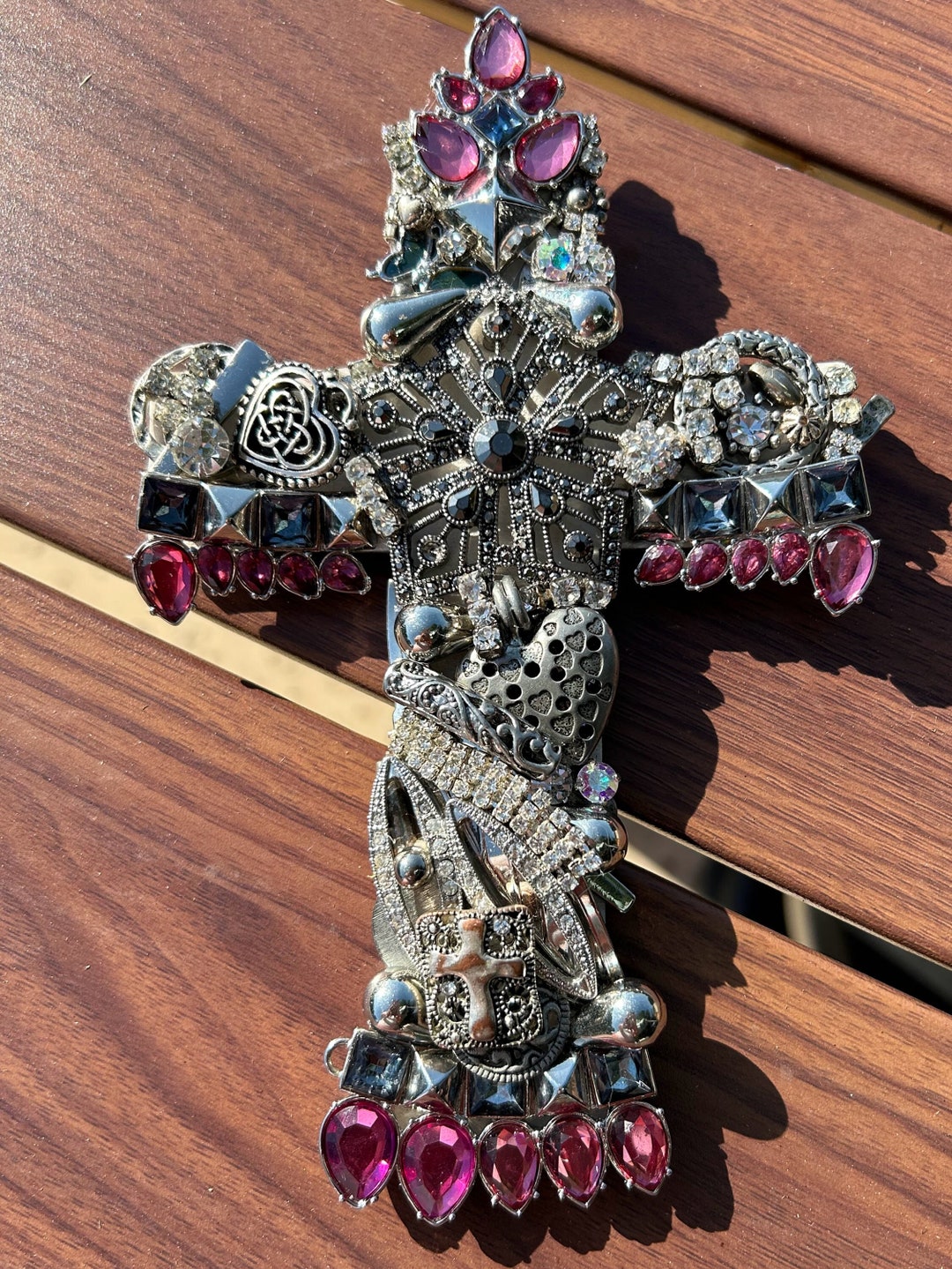 Silver With Pink Bejeweled Art Cross - Etsy