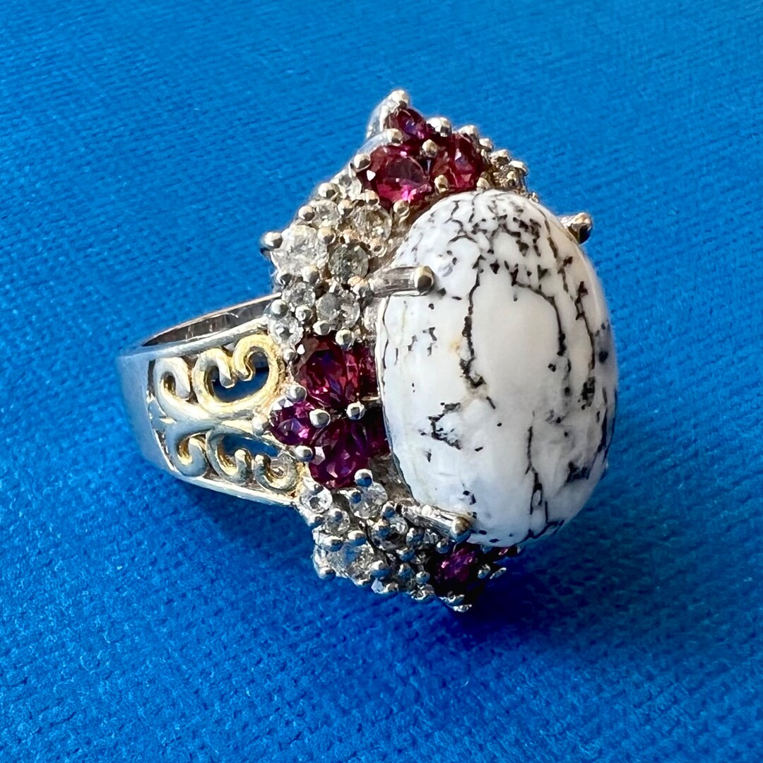 STS JEWELS Sterling Silver Ring With an Oval Dendrite Opal Surrounded ...