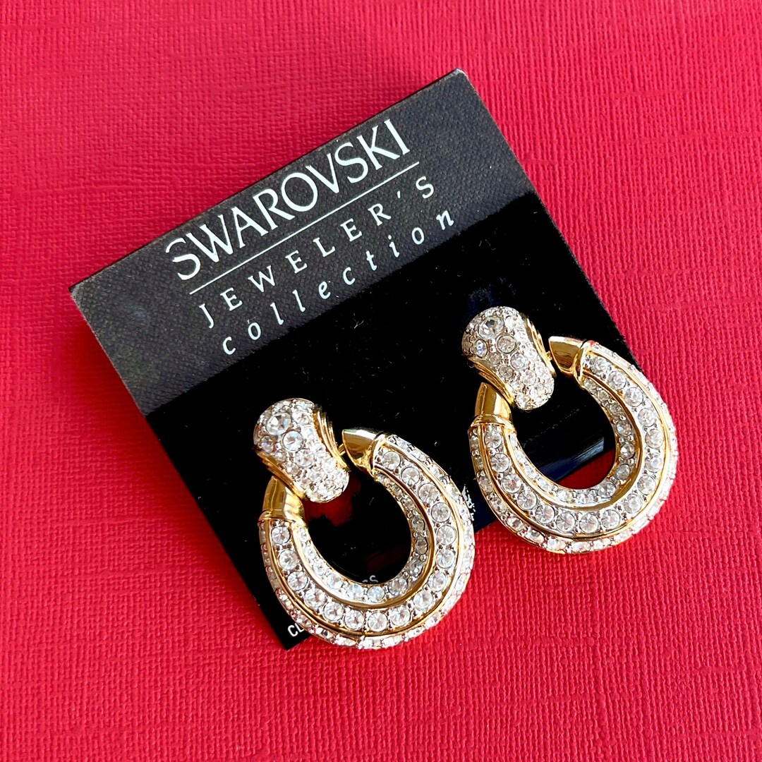 SWAROVSKI Gold Tone and Crystal door Knocker Clip on Earrings Vintage ...