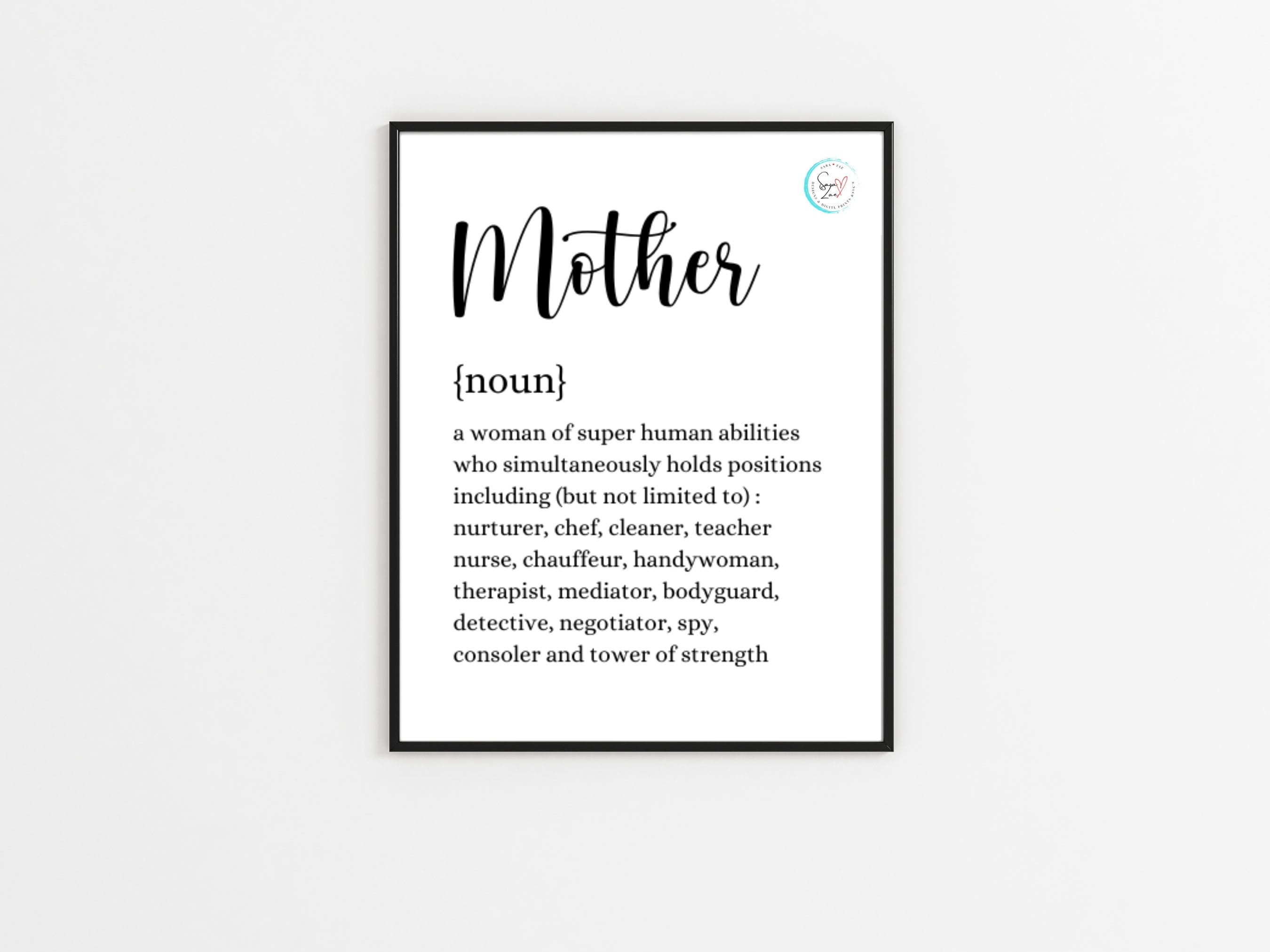 Mother Noun Definition Printable Wall Art Mother's Day Gift Digital ...