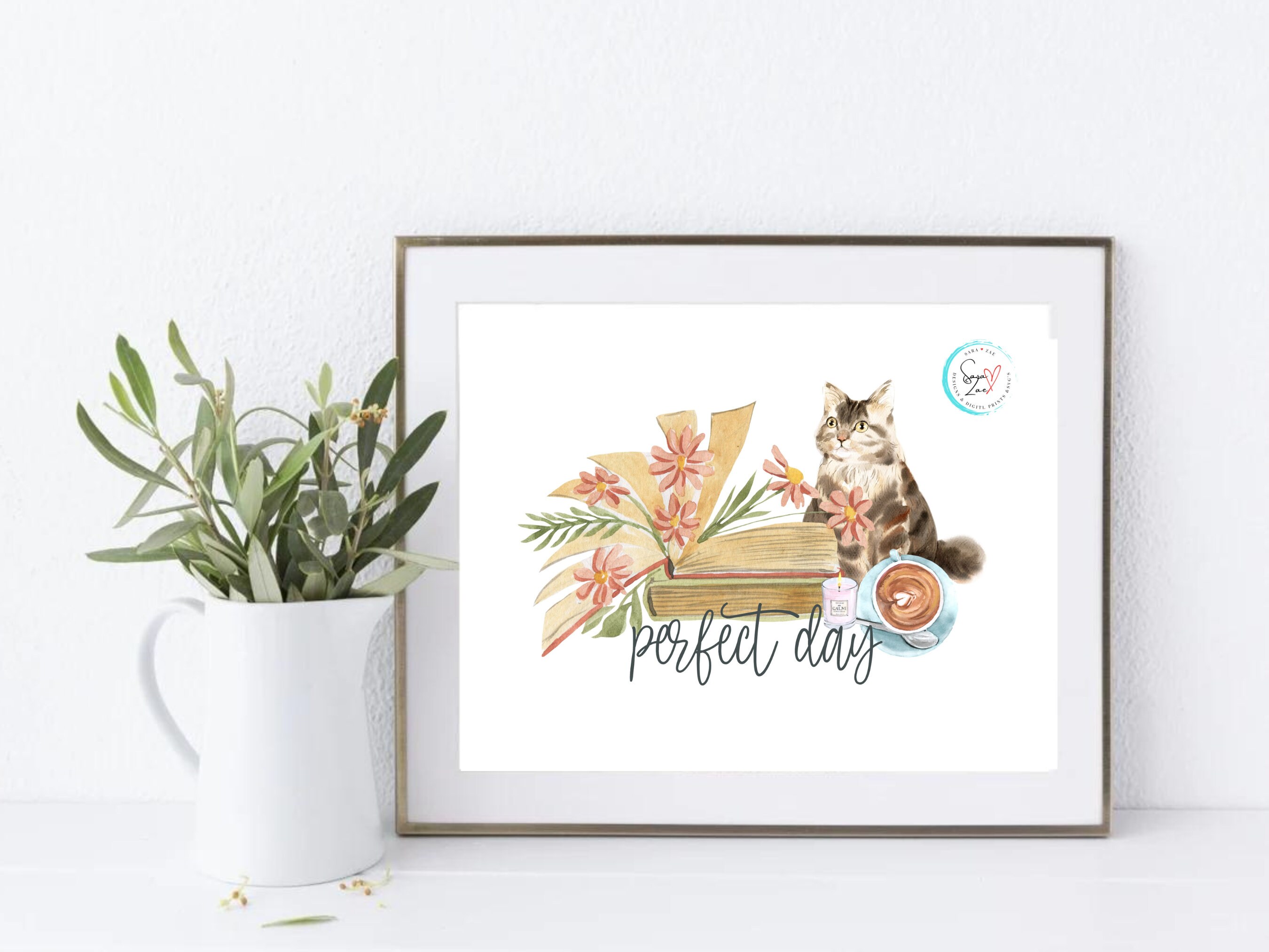 Perfect Day Book Lover Quote Printable Wall Art Watercolor Books Cat ...