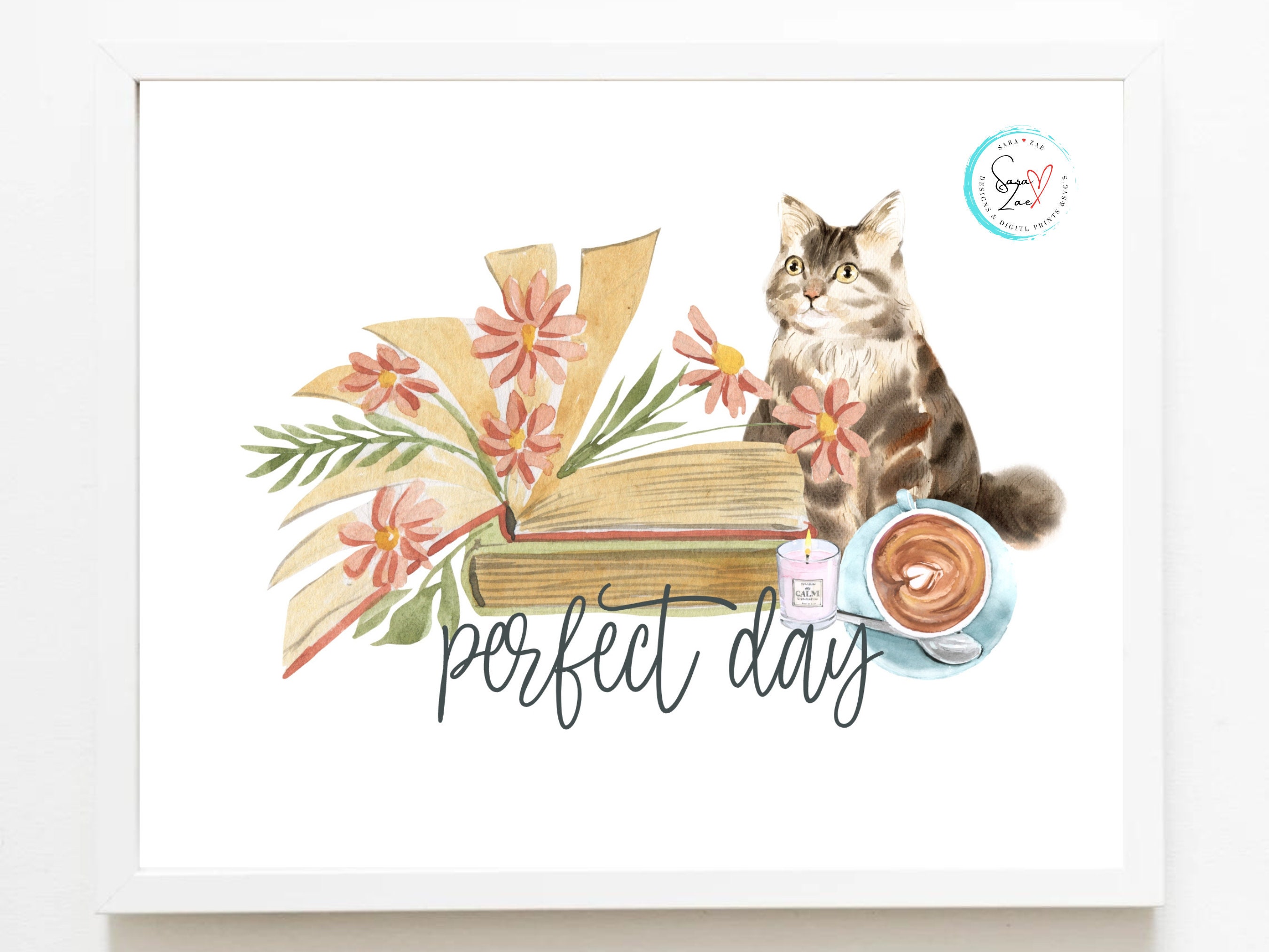 Perfect Day Book Lover Quote Printable Wall Art Watercolor Books Cat ...