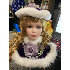 Porcelain Doll Head Shoulders Beautiful Purple Hat and Shawl Blond Hair ...